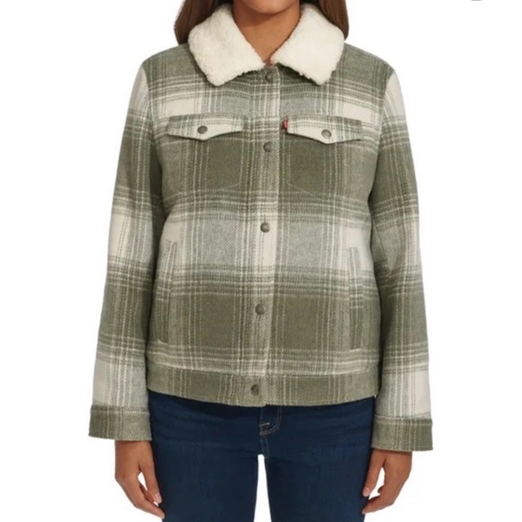 Levi's | Jackets & Coats | Levis Olive Plaid Teddy Jacket With Cream ...